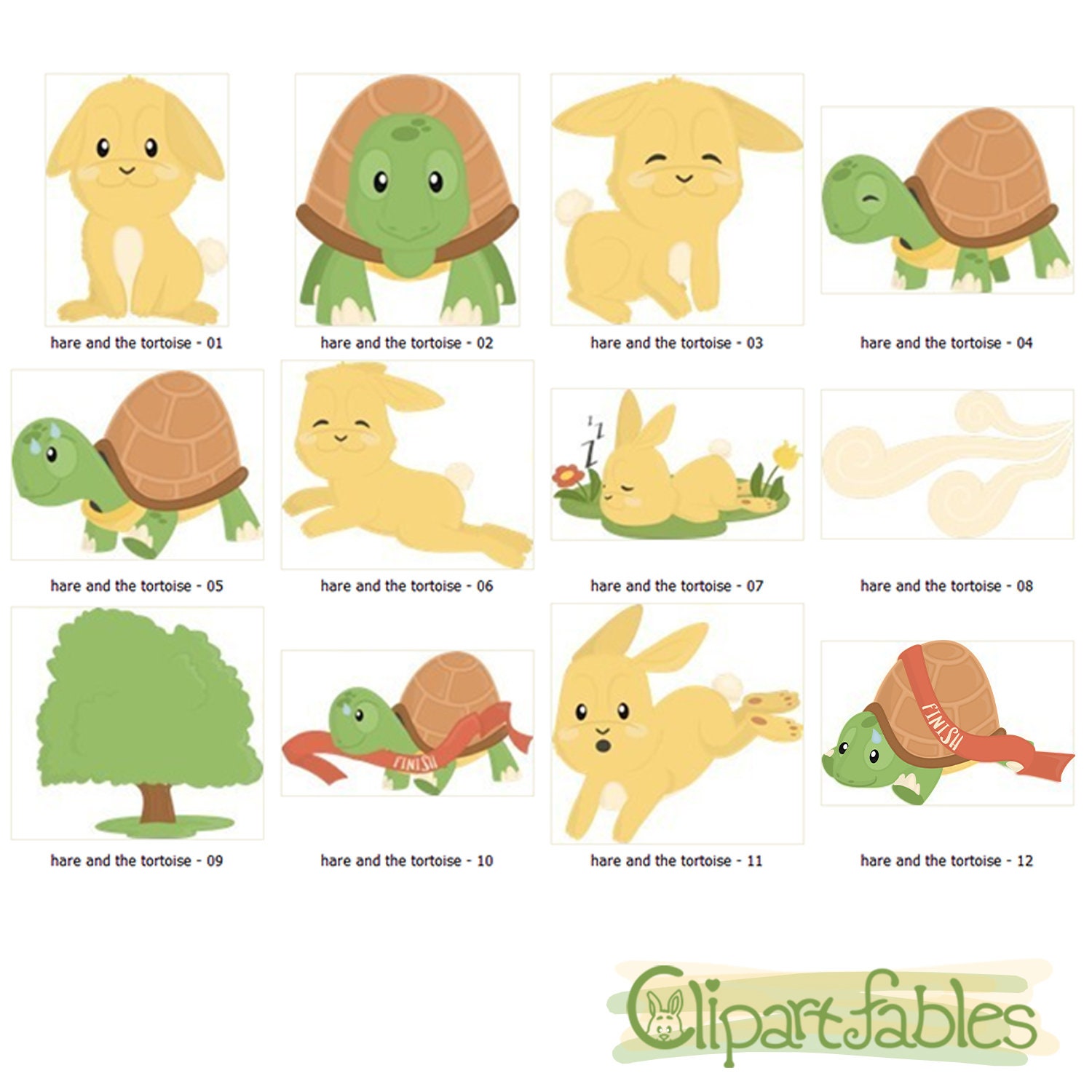 HARE and TORTOISE Clipart for Kids, La Fontaine's Fable, Cute Bedtime ...