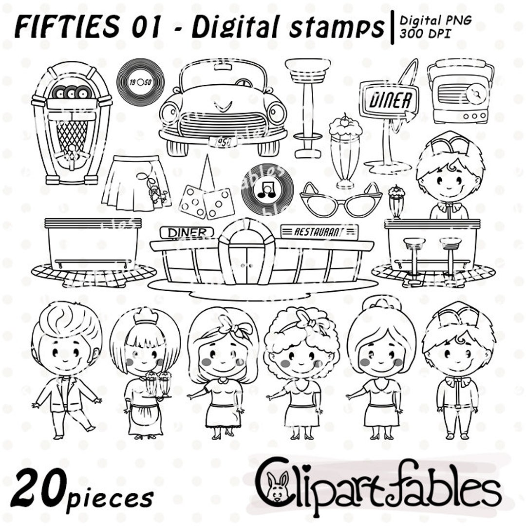 1950s Digital Stamps, Fifties Stamp, Diner Line Art, Clipart, Coloring ...
