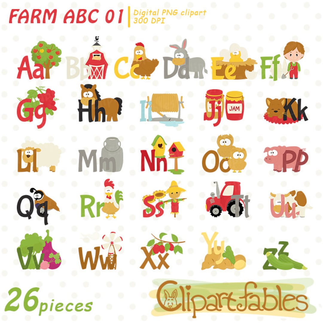 FARM ALPHABET Clipart, Barnyard, KIDS Alphabet, Child Educational ...