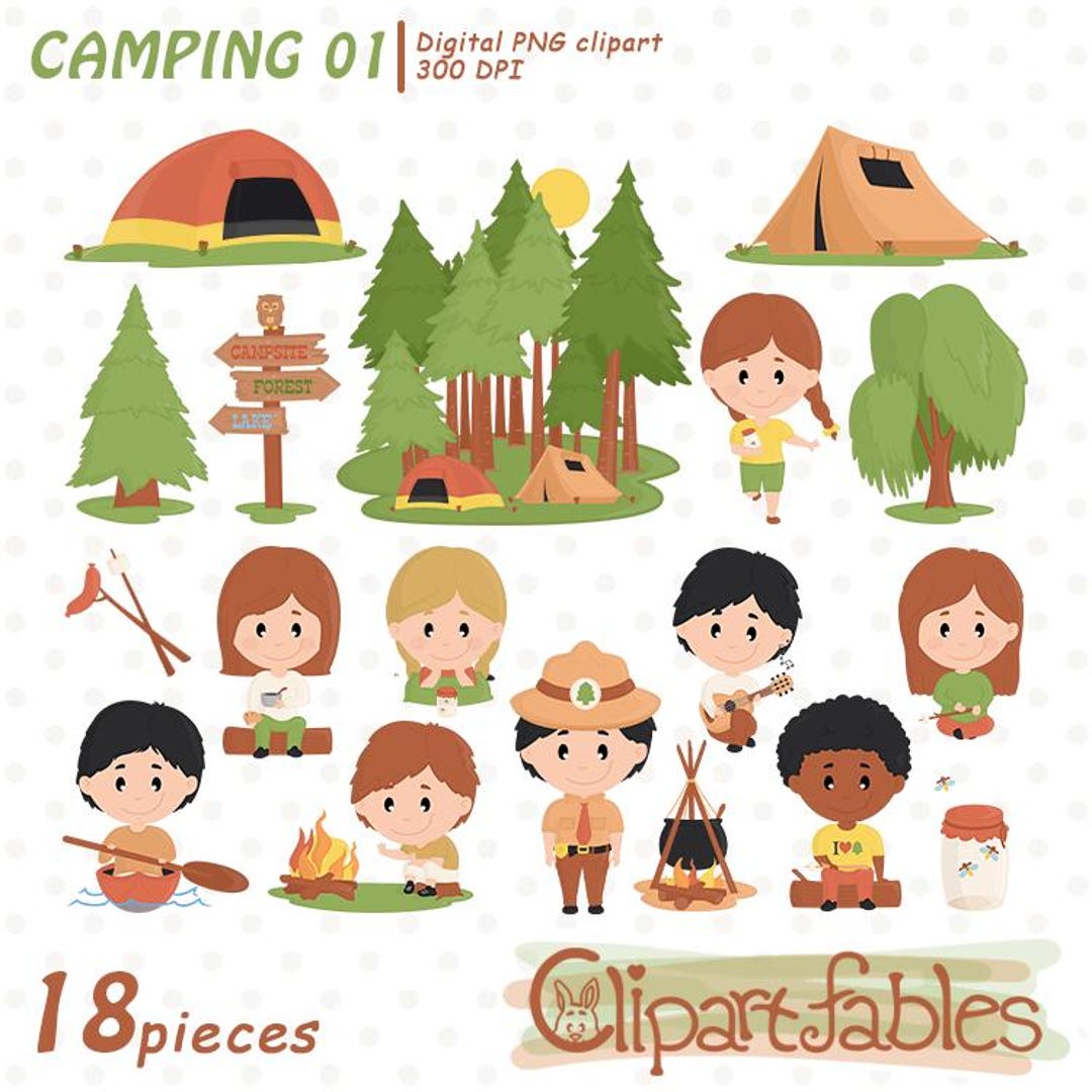 CAMPING Clipart, Campfire, Marshmallow, Summer Camp in the Forest ...
