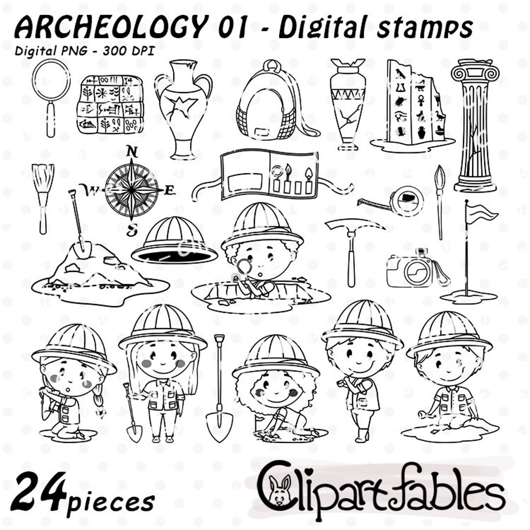 ARCHEOLOGY Digital Stamps, Explorer Outline, History, Ancient Fossil ...