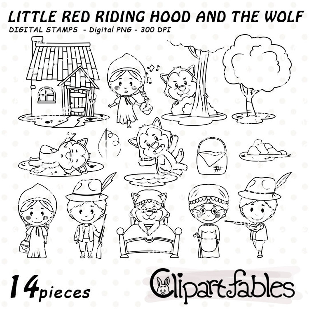 RED RIDING HOOD Inspired Digital Stamps, Evil Wolf Outline, Coloring ...