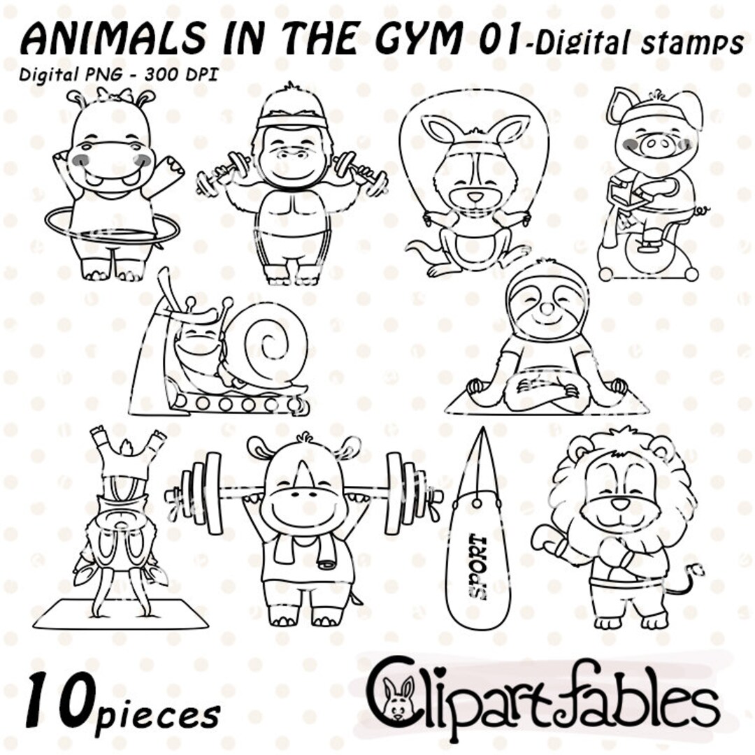 ANIMALS in the GYM Digital Stamps, Cute Athletes Art, Funny Animals ...