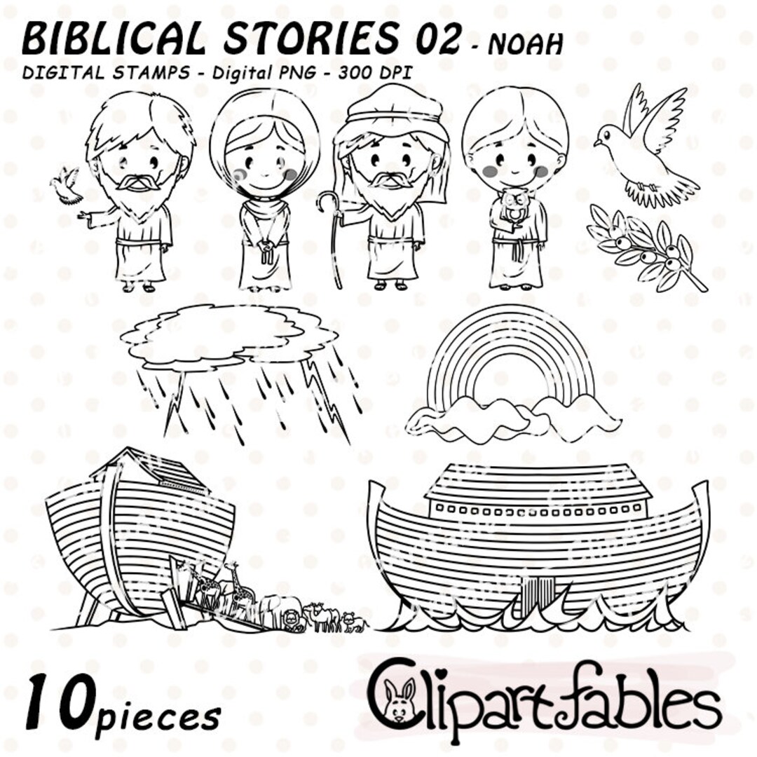 Noah's Ark Digital Stamps, Noah and the Flood, Outline, Cute Animals ...