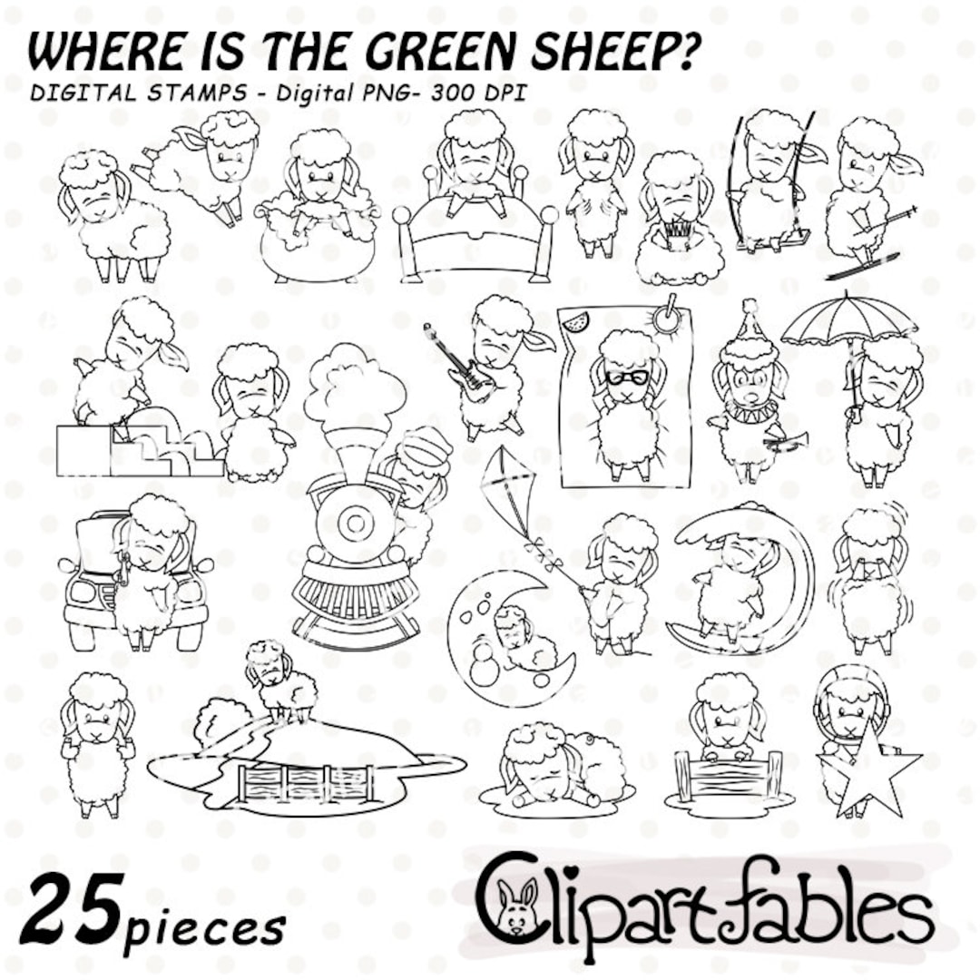 Where is the GREEN SHEEP Digital Stamps, Cute Sheep Line Art, Leisure ...