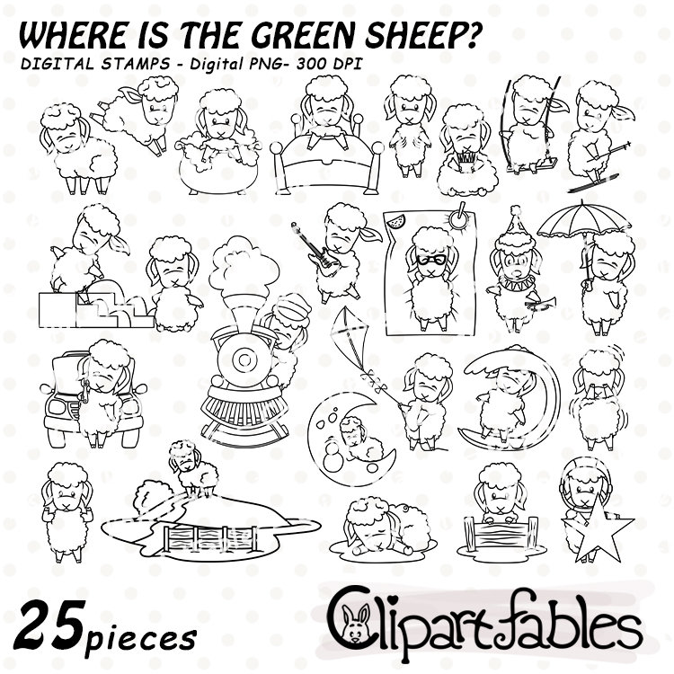 Where is the GREEN SHEEP Digital Stamps, Cute Sheep Line Art, Leisure ...