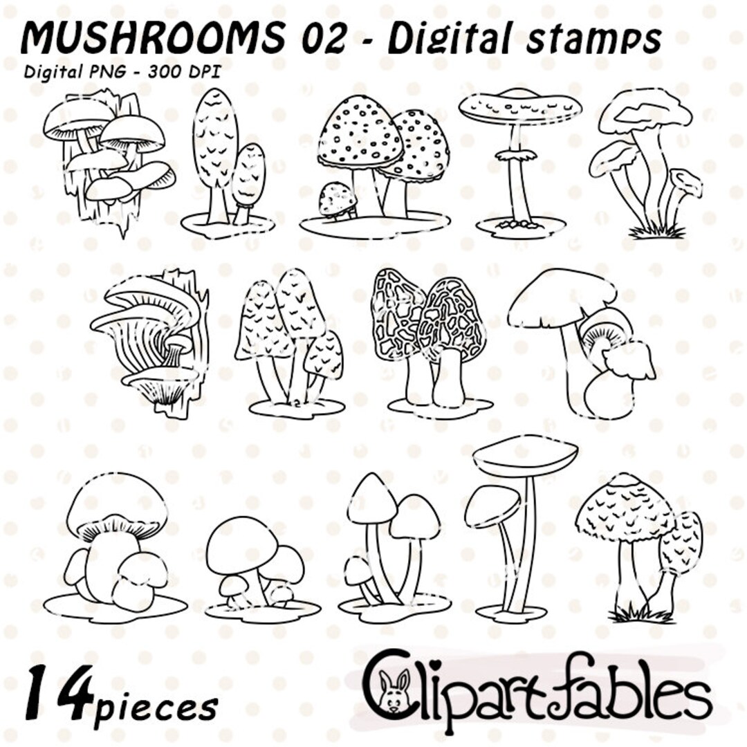 MUSHROOM Digital Stamps, Fungi Outline, Fungus Coloring, Mushroom Line ...