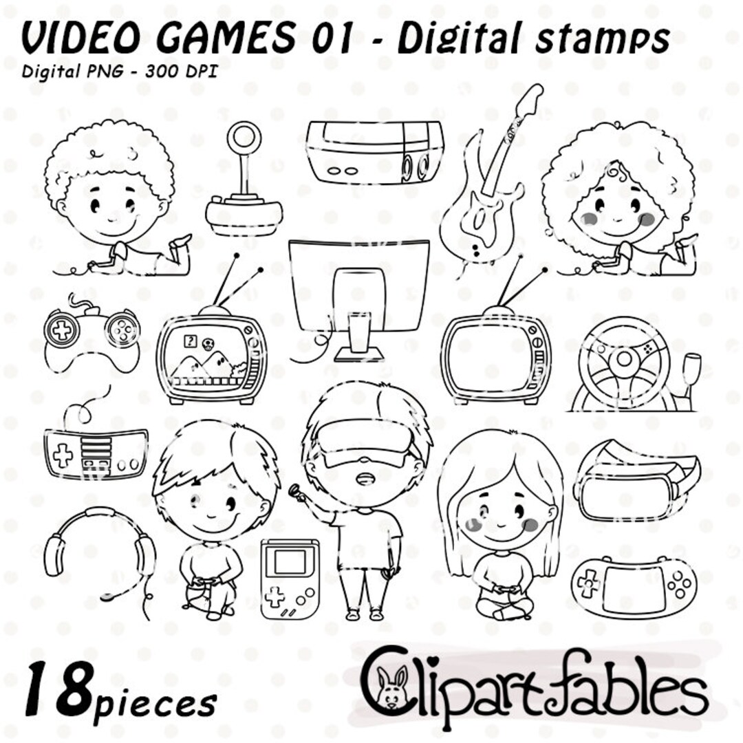 VIDEO GAMES Digital Stamps, Gamer Clipart, Retro Computer Game Outline ...