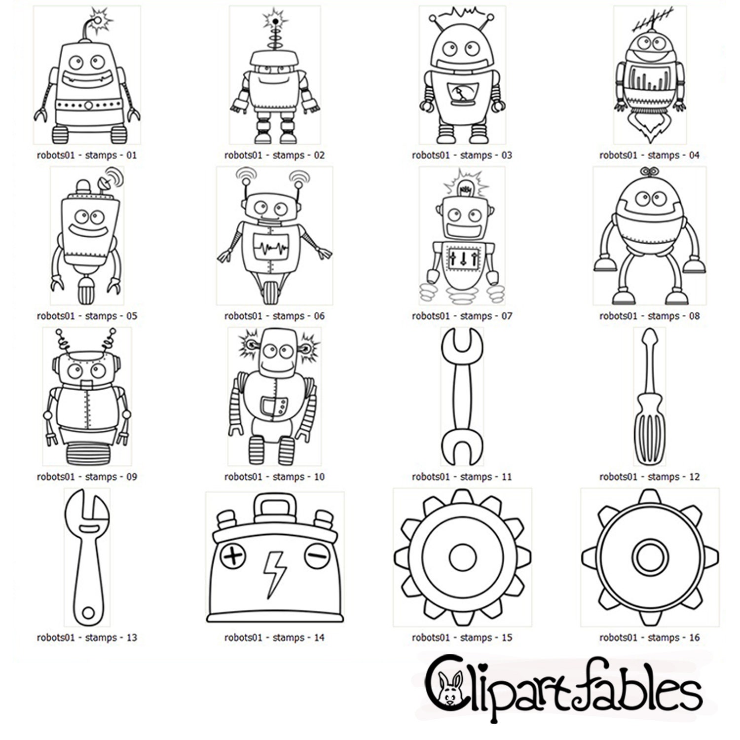 Cute ROBOTS Digital STAMPS, Funny Robot Friends, Robot Birthday Party ...