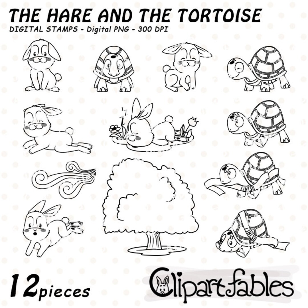 HARE and TORTOISE Digital Stamps for Kids, Line Art, La Fontaine's ...