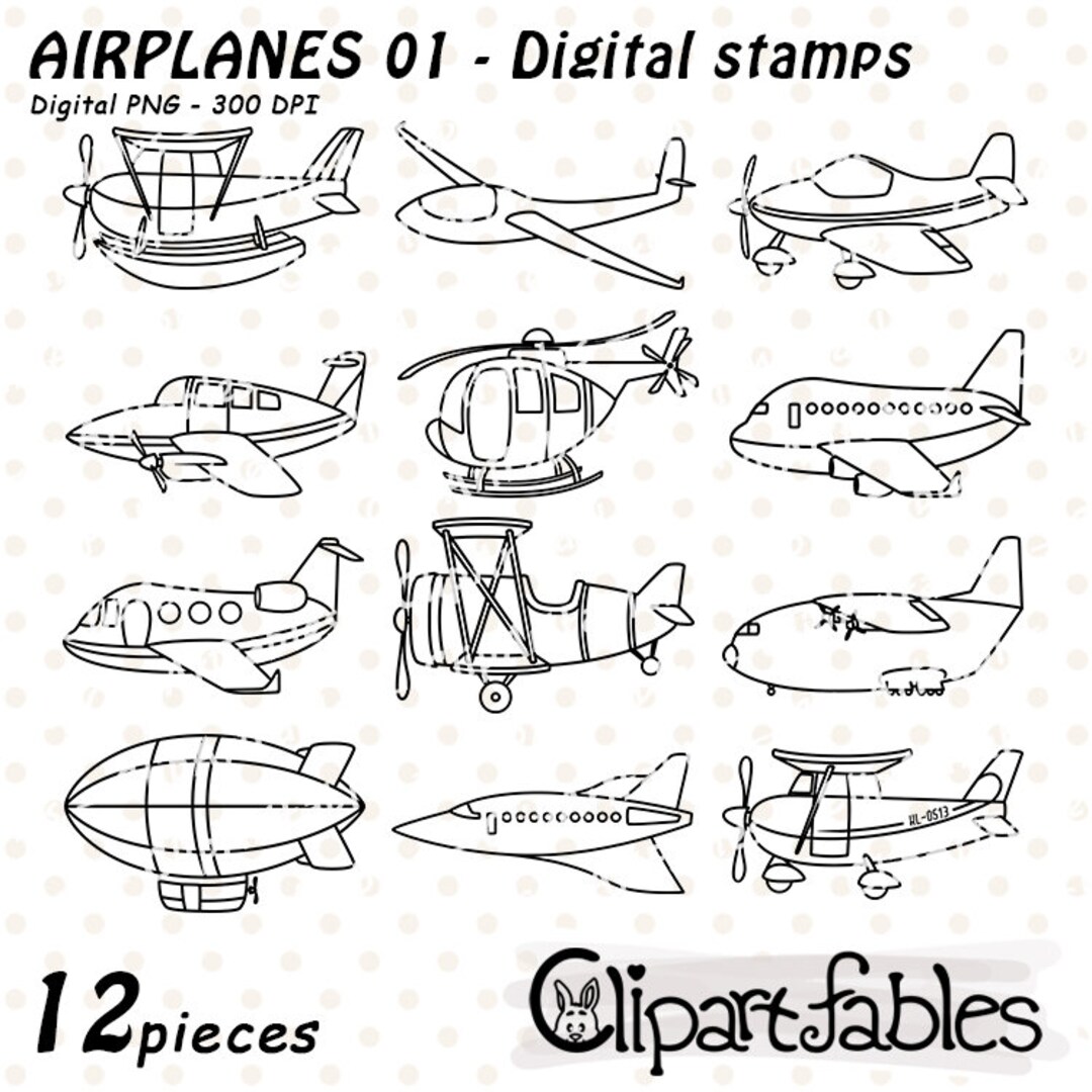 AIRPLANE Digital Stamps, Airplane Illustrations, Cute Helicopter and ...
