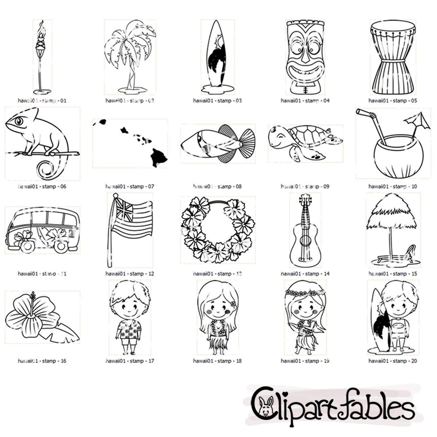 HAWAII Digital Stamps, Luau Clipart, Travel Line Art, Tiki, ALOHA ...