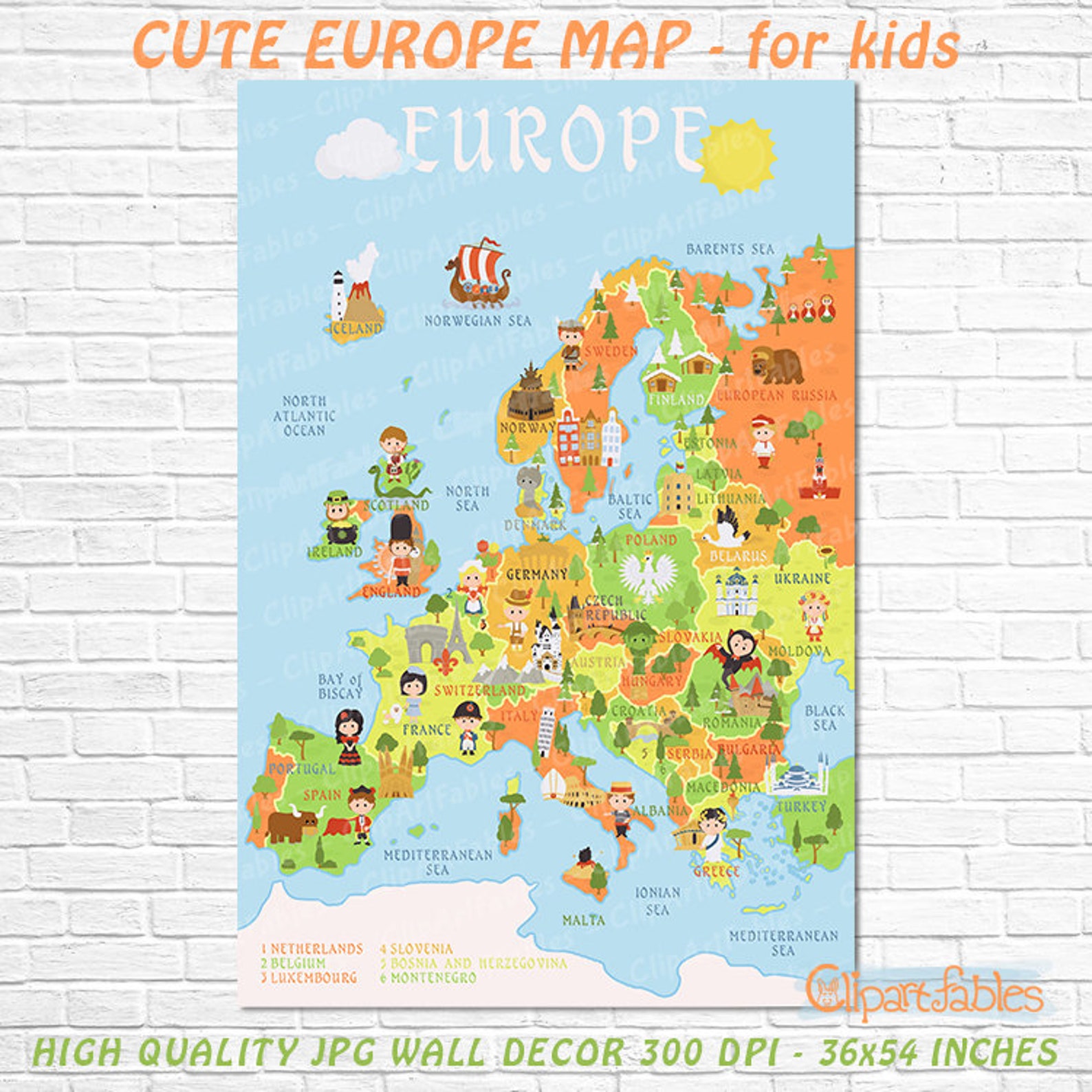 Cute Printable EUROPE MAP for kids INSTANT poster High | Etsy