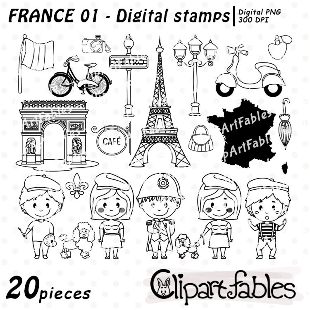 PARIS Digital Stamps, Eiffel Tower Outline, Cute Pantomime Artist ...