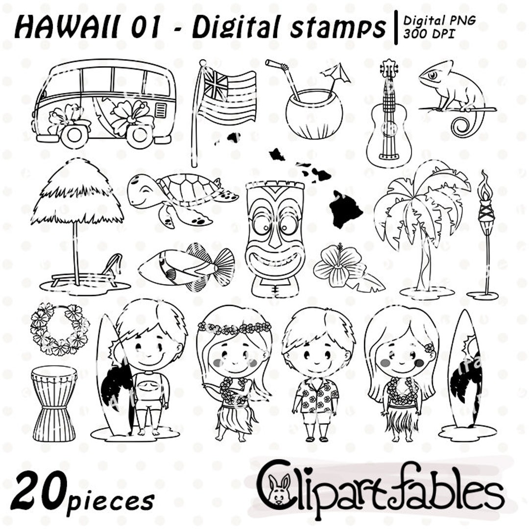 HAWAII Digital Stamps, Luau Clipart, Travel Line Art, Tiki, ALOHA ...
