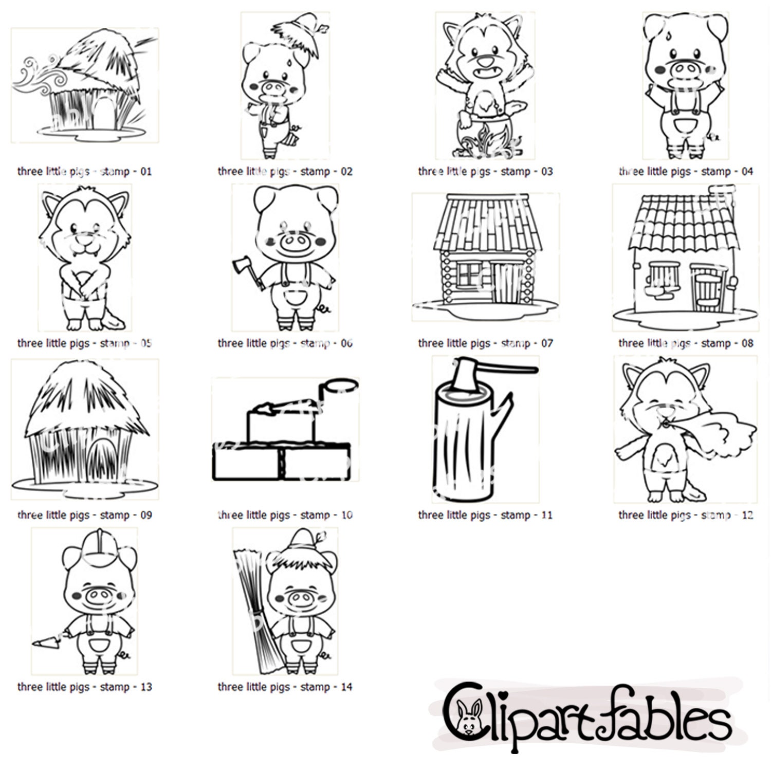 THREE LITTLE PIGS Digital Stamps, Children's Story Outline, Cute Pigs ...