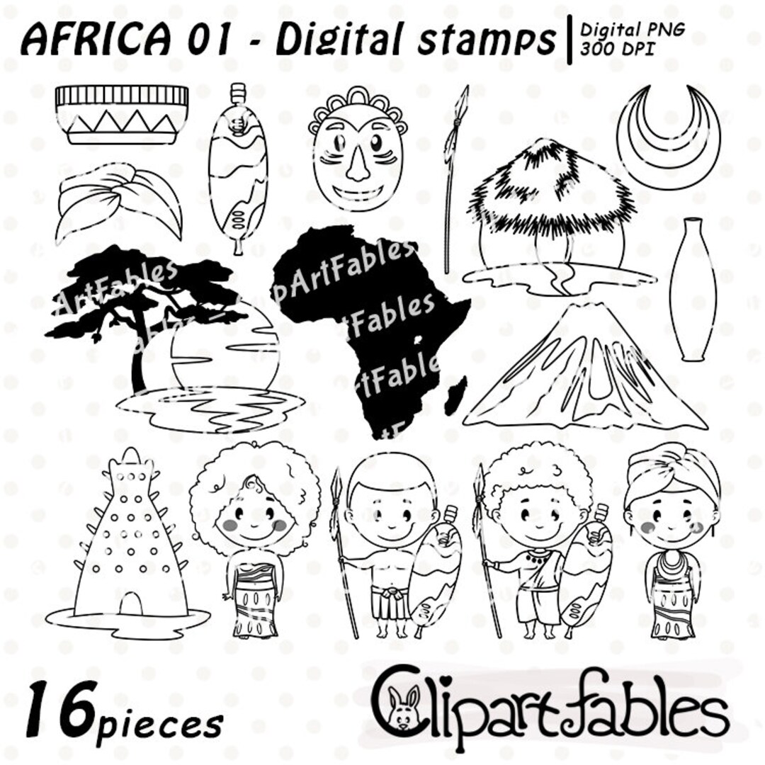 Cute AFRICA Digital Stamps, Zulu Tribe Line Art, Travel Outline ...
