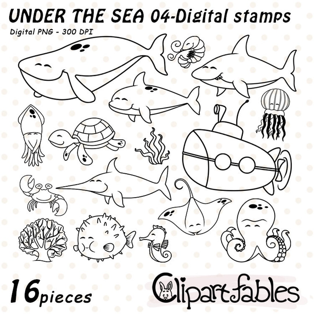 Cute SEA ANIMALS Digital Stamp Under the Sea Stamps Fish - Etsy