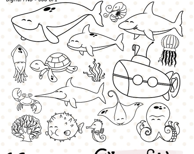 Sea Animals Stamps - Digital Stamps - Clipart - Etsy Canada