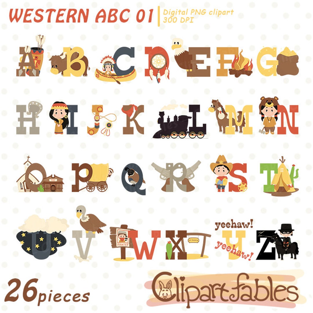Cute WESTERN Clipart, English ALPHABET for Kids, Native American, Child ...