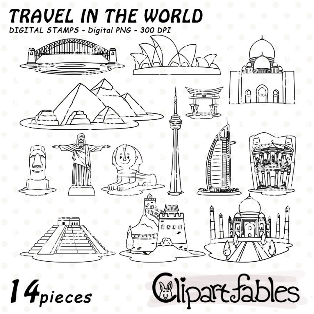 TRAVEL in the WORLD Digital Stamps, Famous Buildings, Outline, Seven ...
