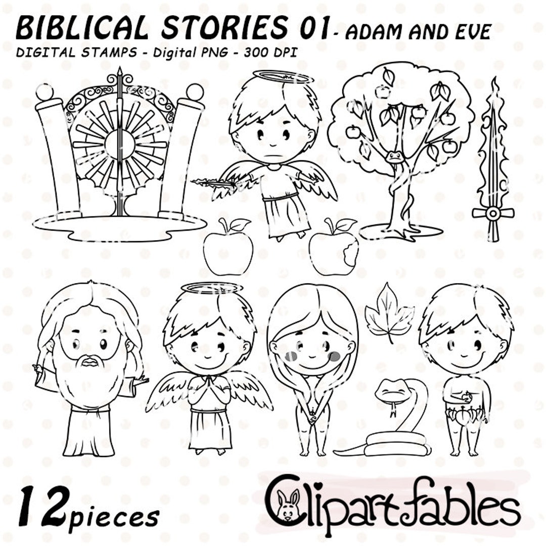 ADAM and EVE Digital Stamps, Tree of Knowledge, Paradise, Outline ...