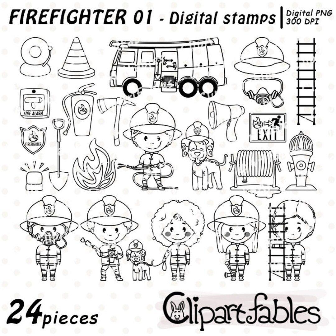 FIREFIGHTER Digital Stamps, Fire Truck Outline, Firefighter Theme Line ...