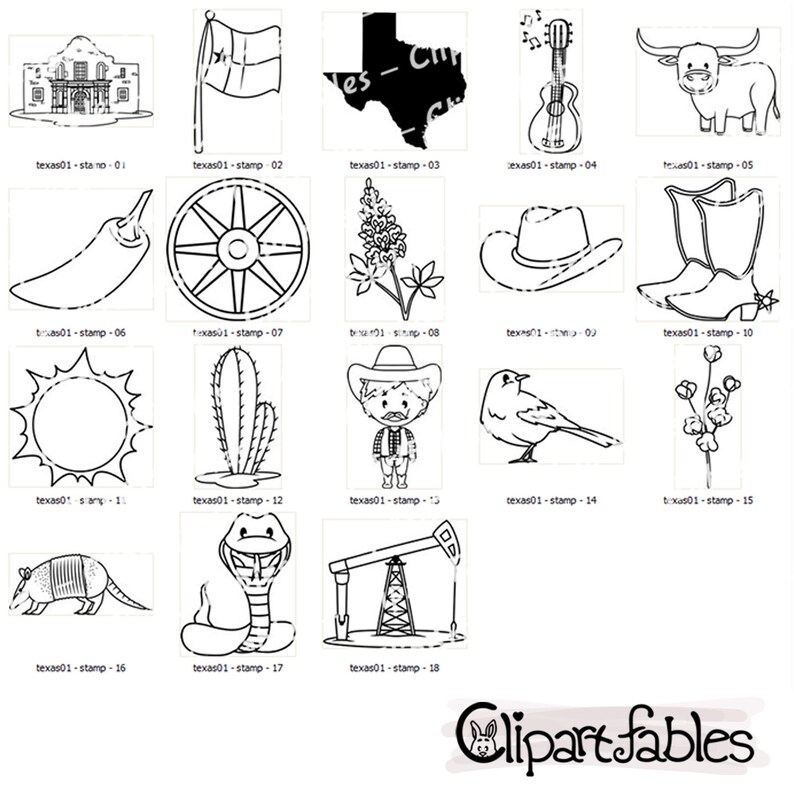 TEXAS STATE Digital Stamps, Symbols of Texas, Cowboy Art, Map and Flag ...