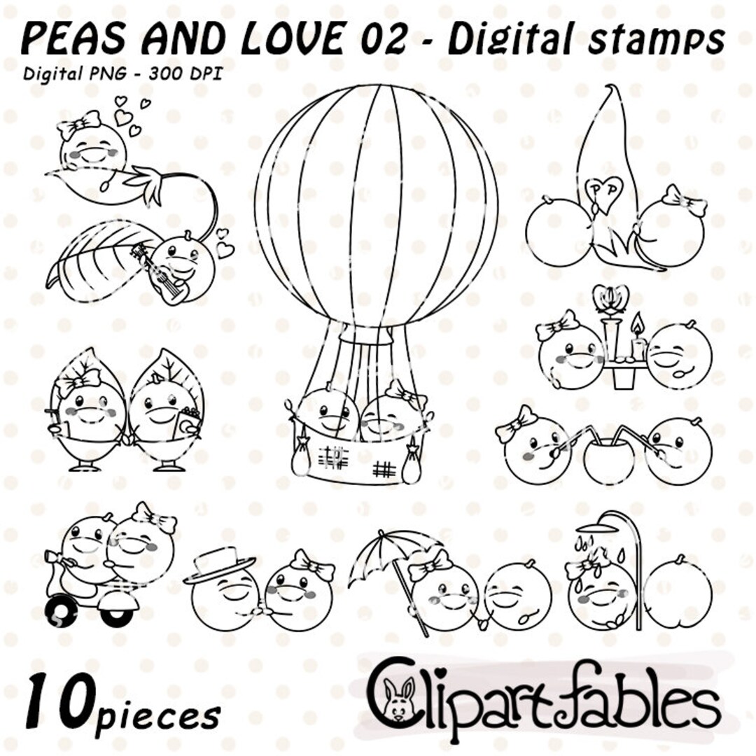 Romnatic PEAS and LOVE Outline, Valentine's Day Illustration, Cute ...