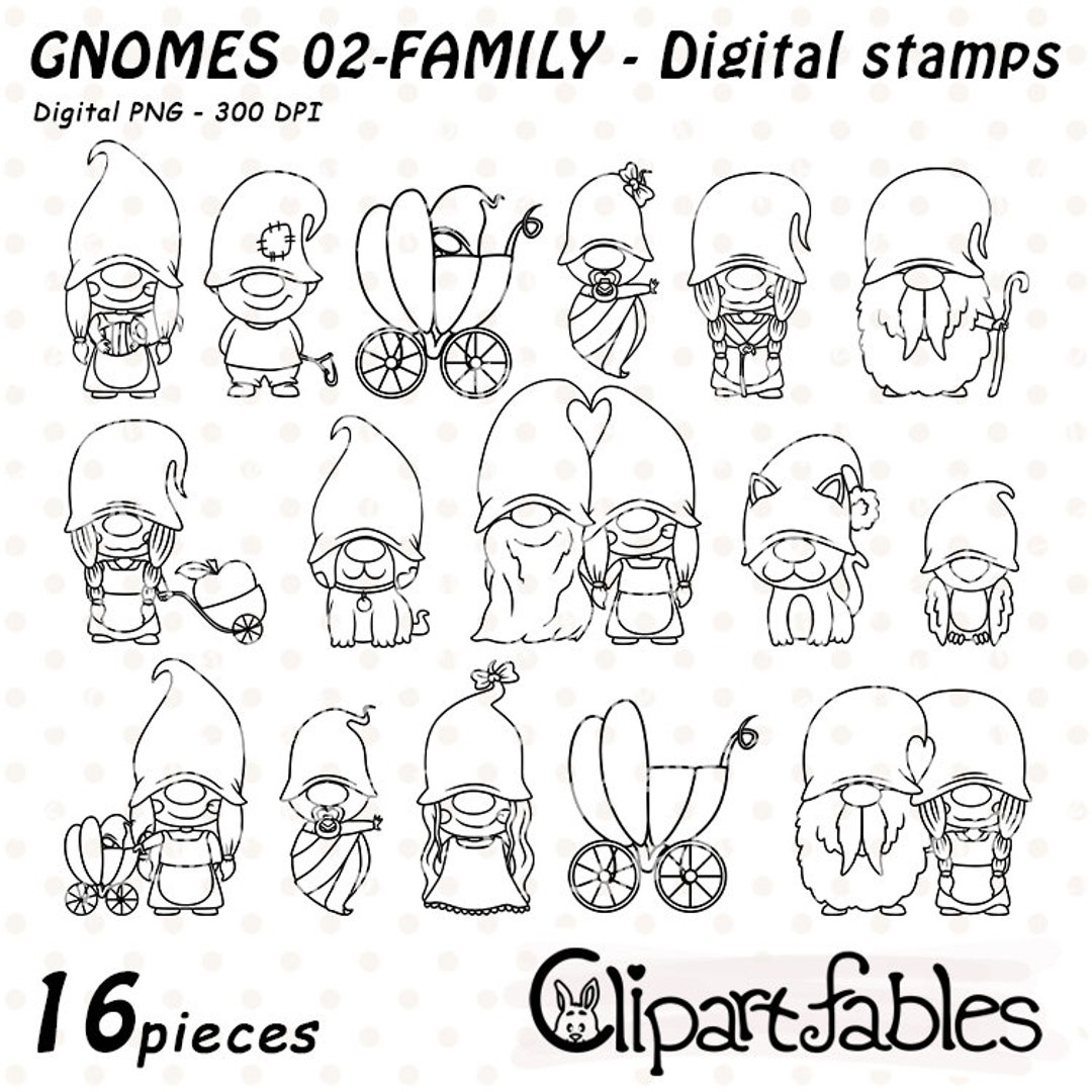 GNOME FAMILY - Digital Stamps, Colouring, Cute Woodland Gnomes, Forest ...