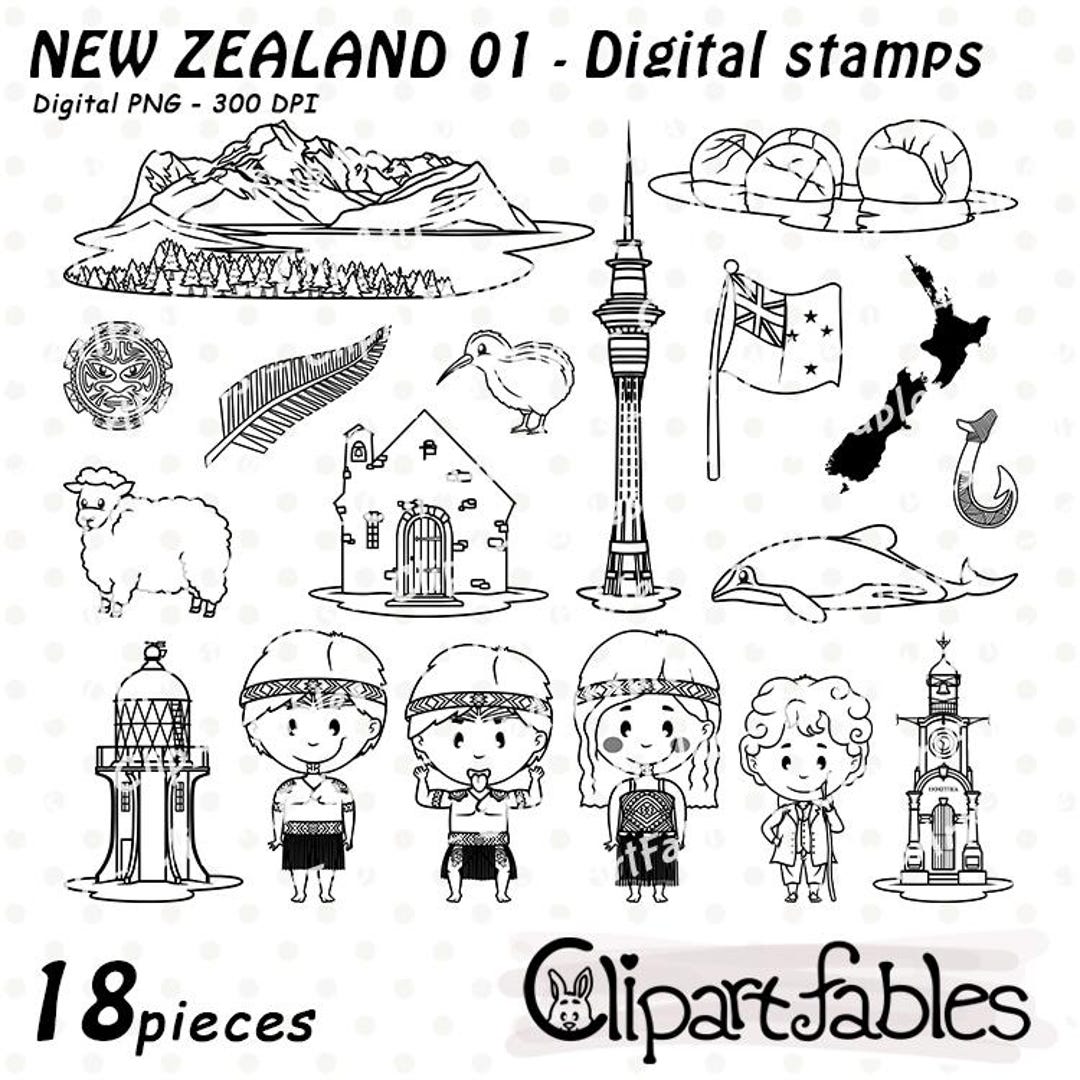 NEW ZEALAND Digital Stamps, Maori Outline, Hobbit Illustration, Kiwi ...