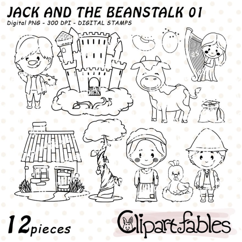 JACK and the BEANSTALK Digital Stamps, Fairy Tale Outline, Nursery ...