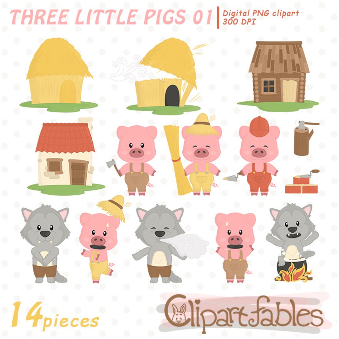 THREE LITTLE PIGS Clipart, Children's Story, Cute Pigs and Bad Wolf ...
