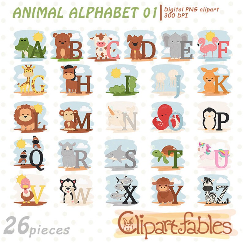 Cute ANIMAL ALPHABET Clipart, KIDS Alphabet, Child Education, English ...