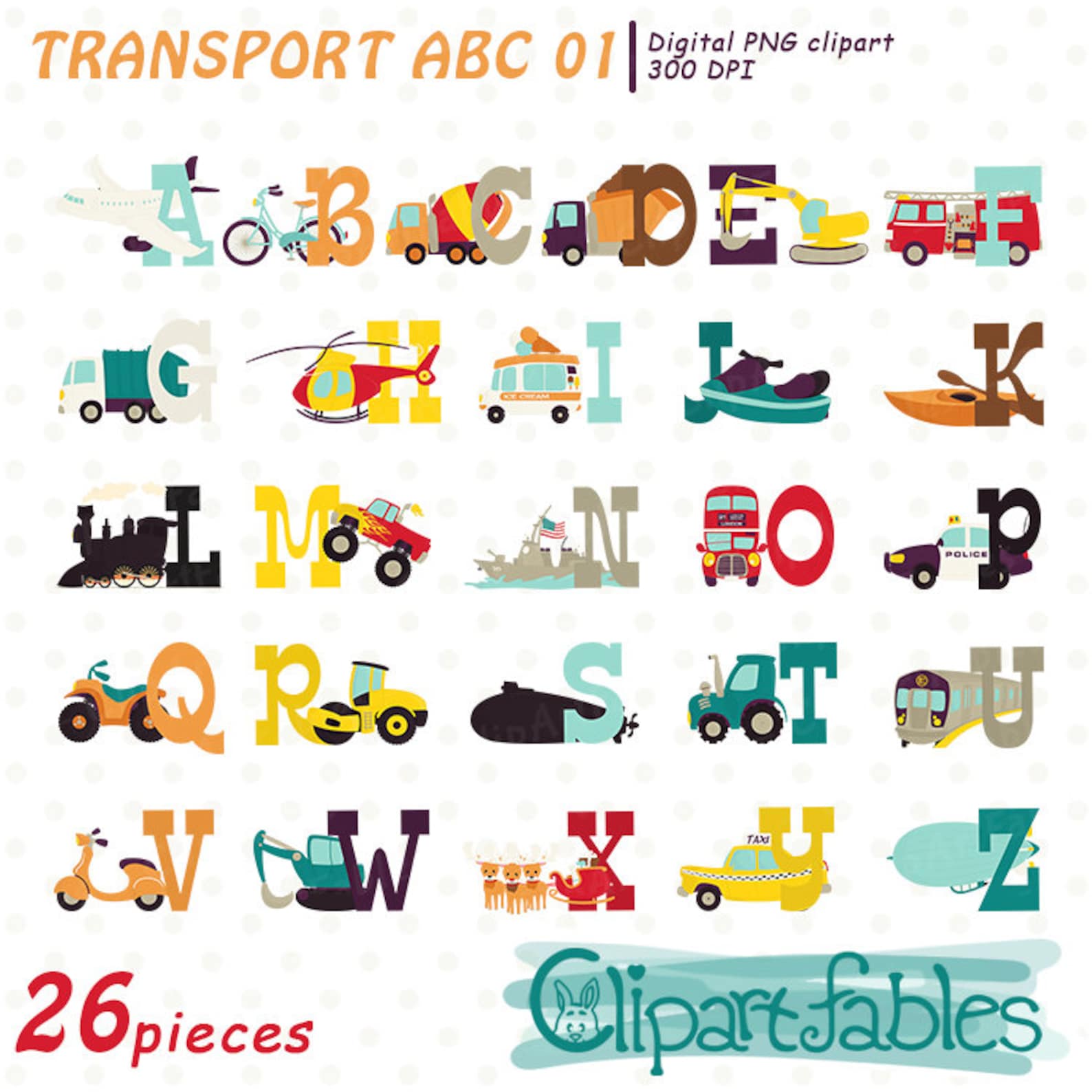 TRANSPORT ALPHABET Clipart, Vehicles, Kids English Alphabet, Nursery ...