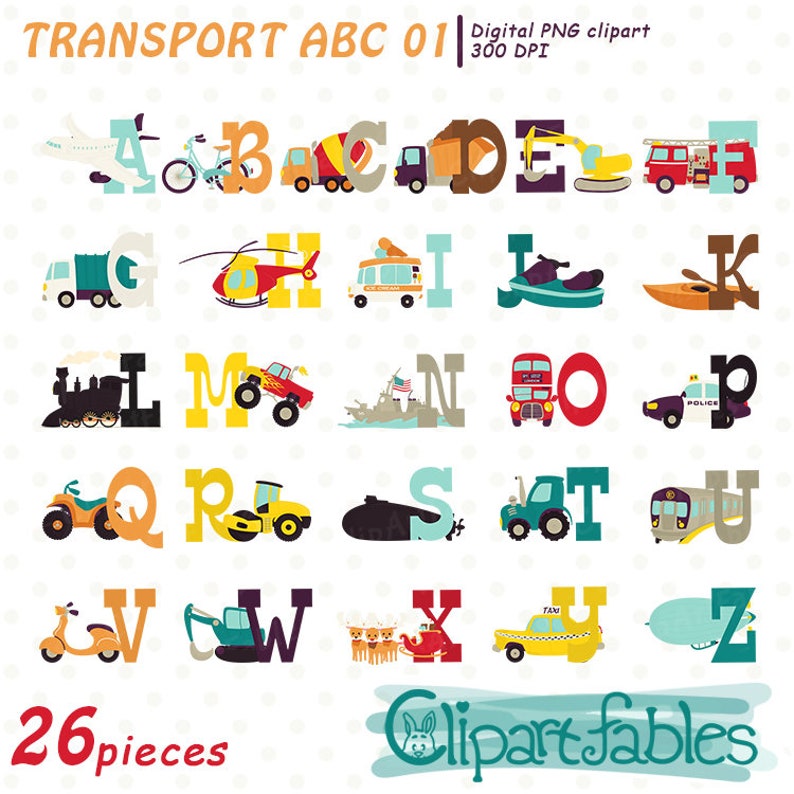 TRANSPORT ALPHABET Clipart, Vehicles, Kids English Alphabet, Nursery ...