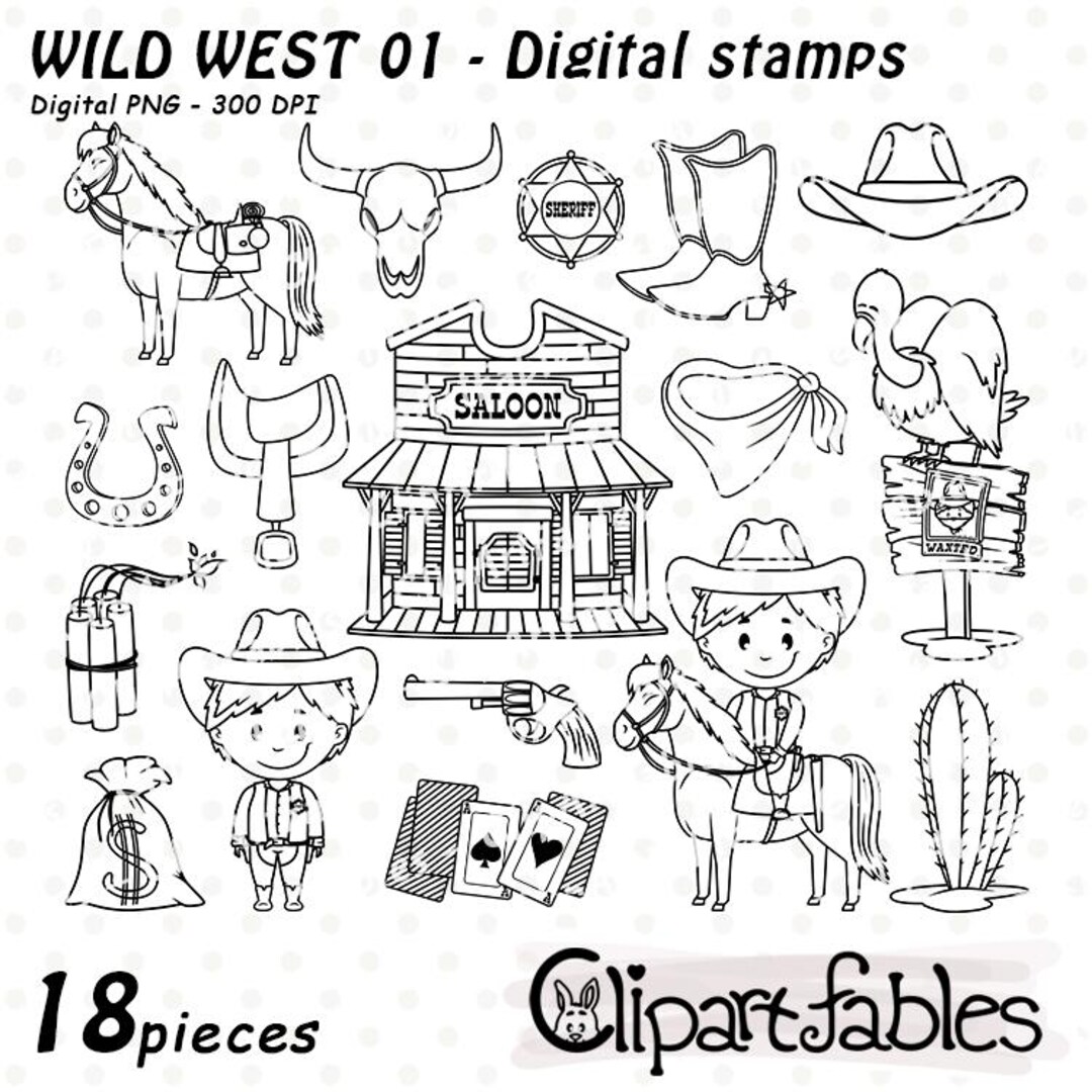 COWBOY Digital Stamps, Western Clipart, Sheriff, Saloon, Wild West ...
