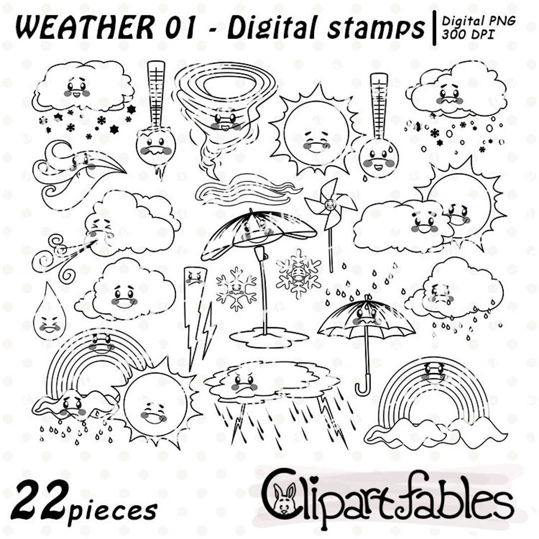 KAWAII WEATHER Digital Stamps, Cloud Outline, Weather Line Art ...