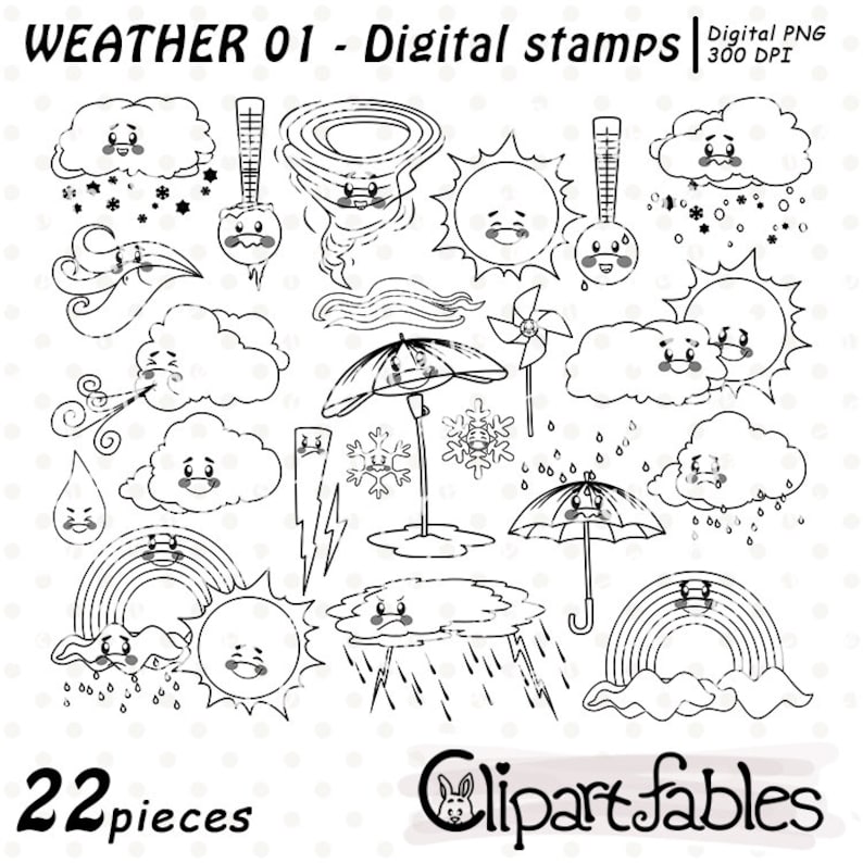 KAWAII WEATHER Digital Stamps, Cloud Outline, Weather Line Art ...