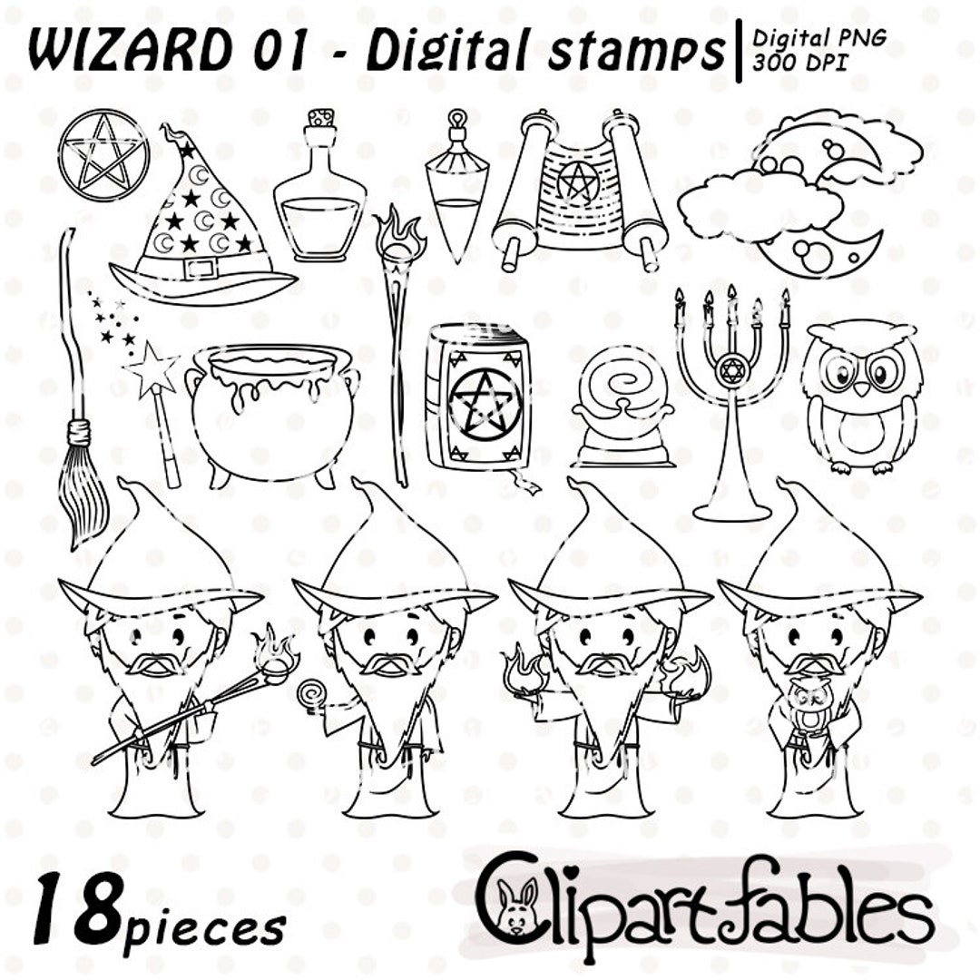 WIZARD Digital Stamps, Medieval Themed Outline, Fairy, Magic Clipart ...
