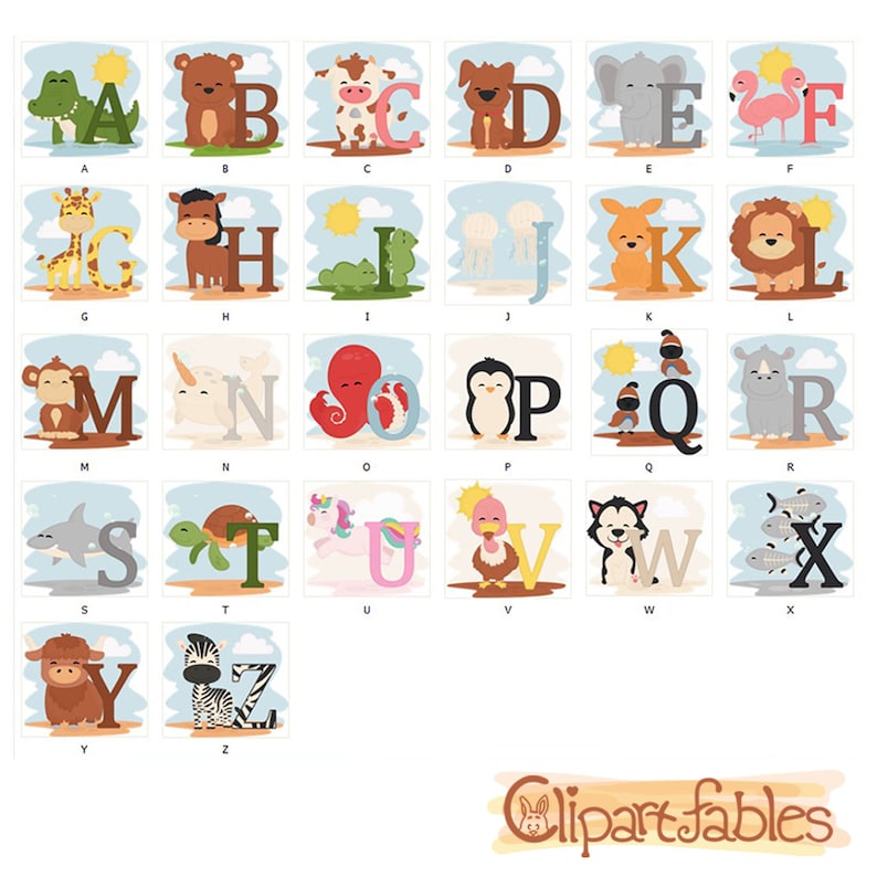 Cute ANIMAL ALPHABET Clipart, KIDS Alphabet, Child Education, English ...