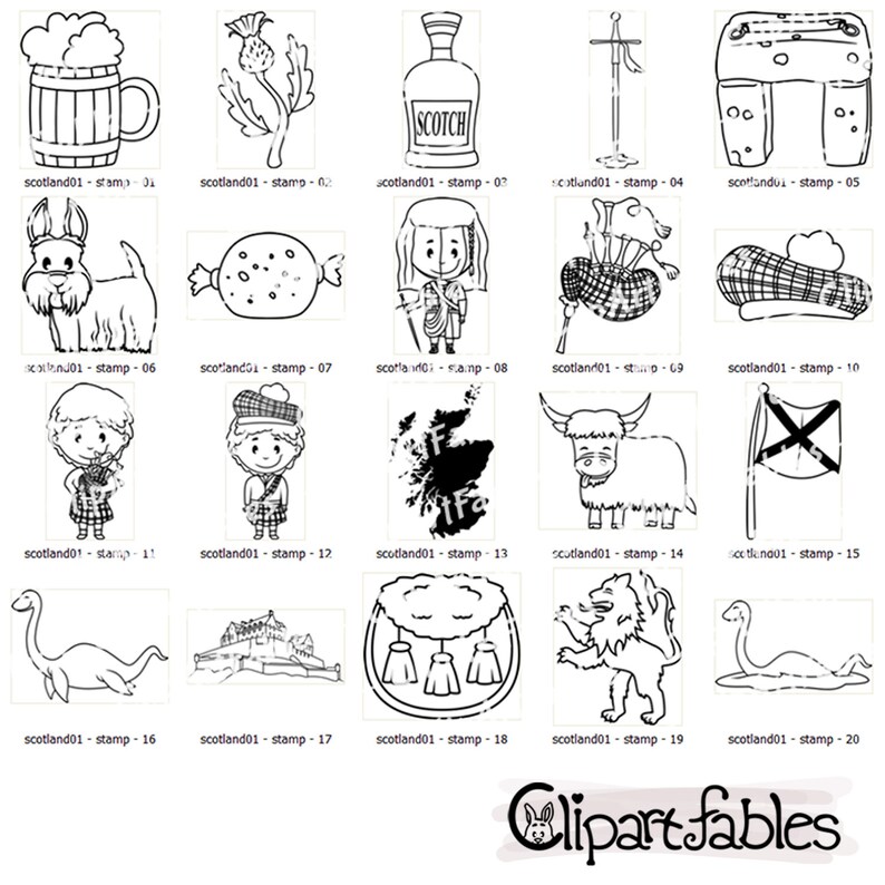 SCOTLAND Digital Stamps, Scottish Line Art, UK, Haggis, Scottie, Heilan ...