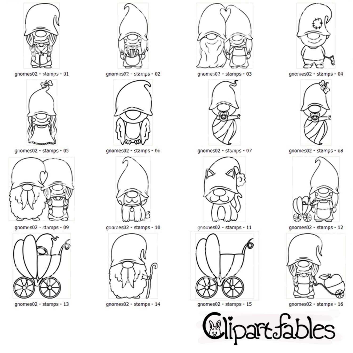 GNOME FAMILY - Digital Stamps, Colouring, Cute Woodland Gnomes, Forest ...