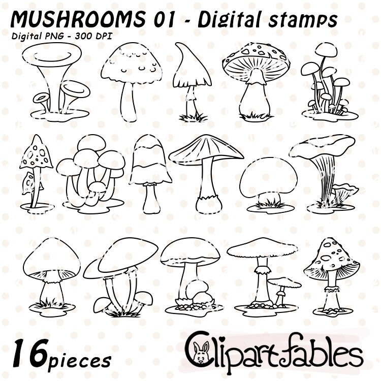 MUSHROOM Digital Stamps, Fungi Outline, Fungus Line Art, Mushroom ...