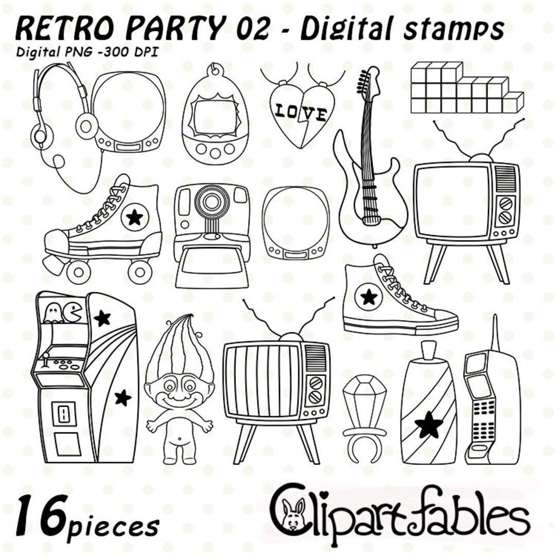 RETRO PARTY - Digital Stamps, Retro Props, 80's, 90's, PNG, Music ...