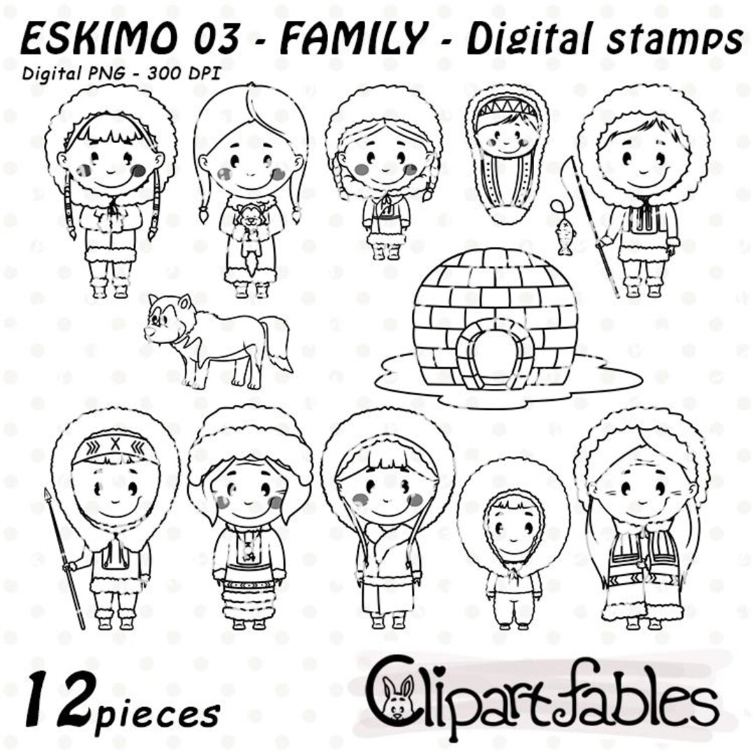 ESKIMO FAMILY Digital Stamps, Family Outline, Arctic Clip Art, Cute ...