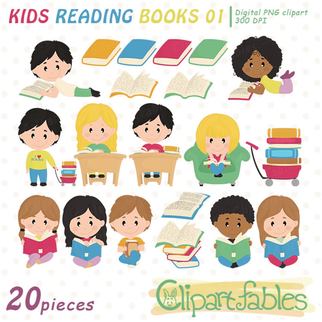KIDS READING Books Clipart, Education Graphic, Library, Home School ...