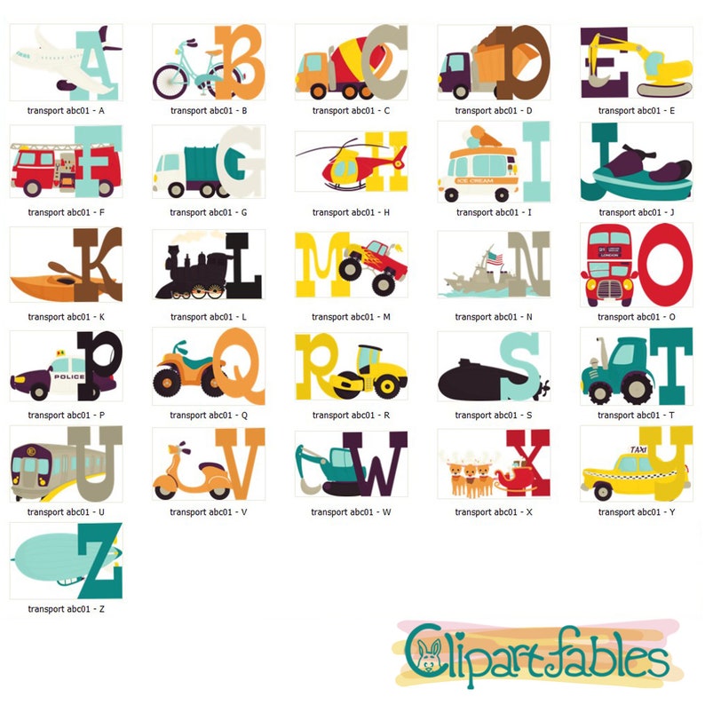 TRANSPORT ALPHABET Clipart Vehicles Kids English Alphabet - Etsy New ...