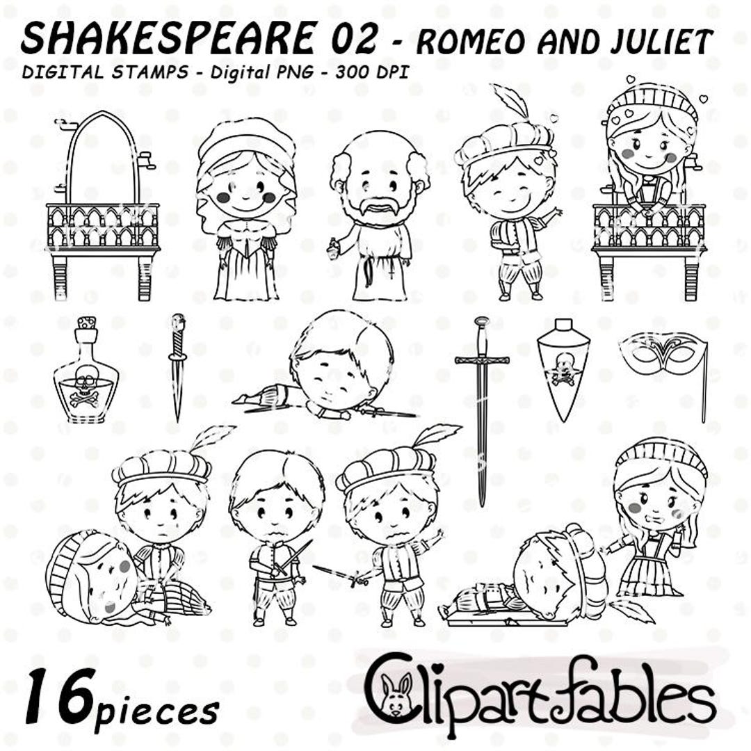 ROMEO and JULIET Digital Stamps, Shakespeare Outline, Theater ...