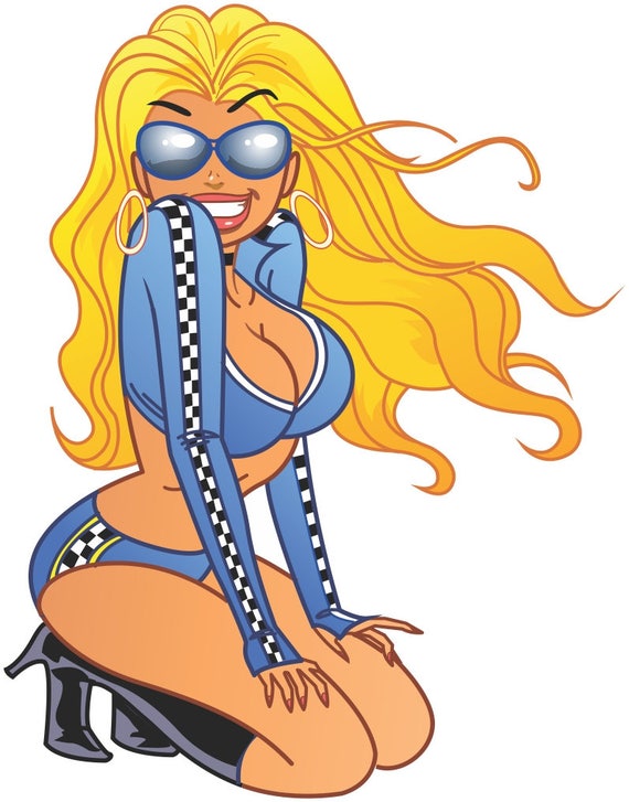 Pinup Race Day Girl Sticker Decal Cartoon Character Sexy Laptop Automotive Art Decal Blonde Girl Car Truck Sticker